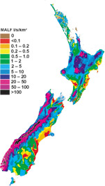 This map shows the mean annual seven-day low flow, measured in litres ...