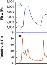 Flow, turbidity and faecal indicator bacteria concentrations. (Click to ...