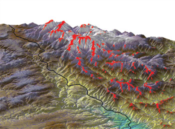 High wind speed zones (in red) over hilly terrain. | Earth Sciences New ...