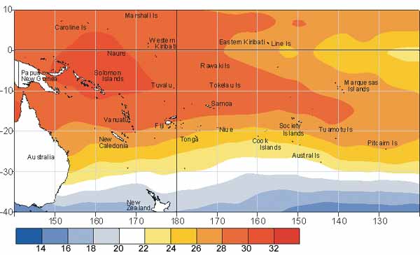 Mean sea surface temperatures ( C) for December 2001 | NIWA