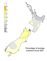 Percentage of annual sunshine hours 2001 - Click to Enlarge | NIWA
