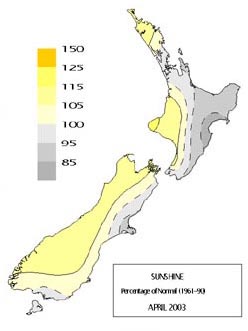 Percentage of normal sunshine April 2003 | Earth Sciences New Zealand ...