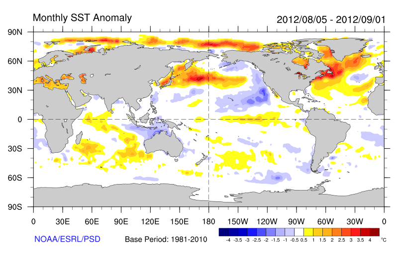 NOAA SST Anom August 2012 | Earth Sciences New Zealand | NIWA