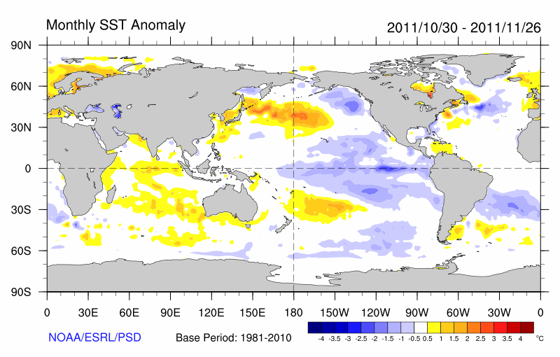 NOAA SST Anomaly November 2011 | Earth Sciences New Zealand | NIWA
