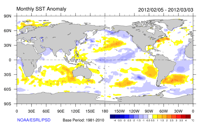 NOAA SST Anomaly February 2012 | Earth Sciences New Zealand | NIWA