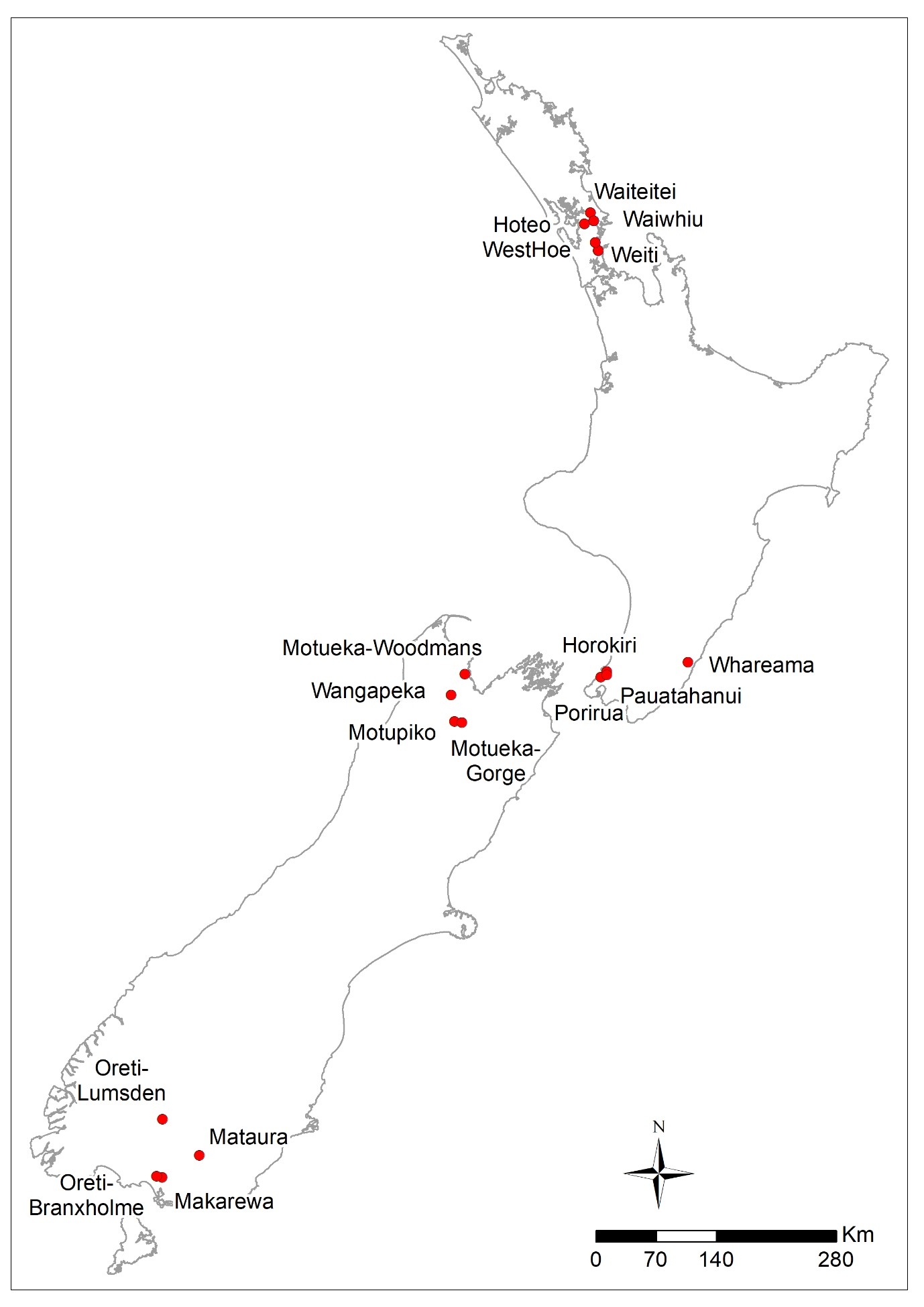 Figure 2 Map showing the location of study catchments across New ...