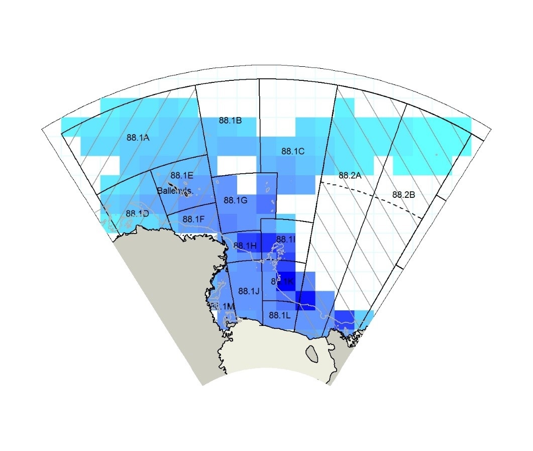 Distribution of Antarctic toothfish population biomass as estimated by ...