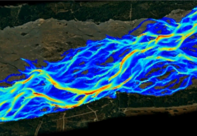 Screenshot from a Delft3D simulation of the Waimakariri River ...