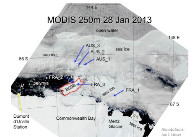 NASA MODIS Satellite photo of the sea ice around the Mertz Glacier | NIWA
