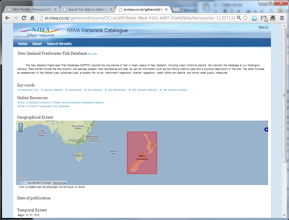NIWA data catalogue entry for the New Zealand freshwater fish database ...